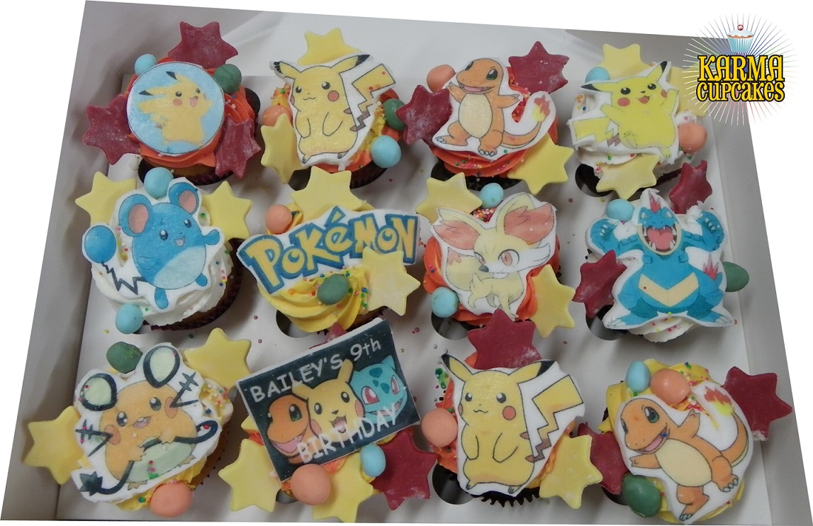 Pokeman cupcakes with Pikachu sugar pieces or edible images.