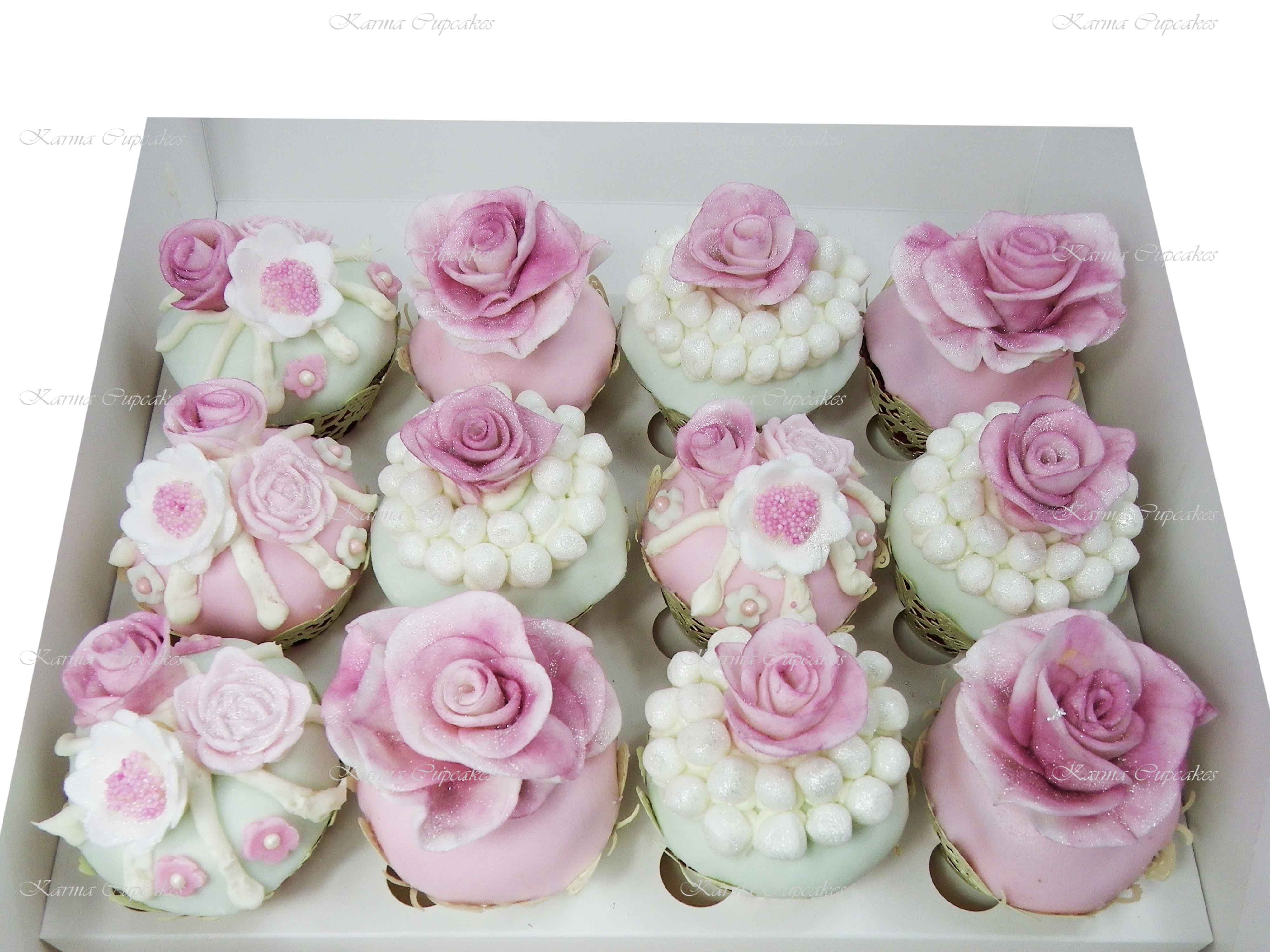 Handmade Roses Sugar Flower Cupcakes And Pearls