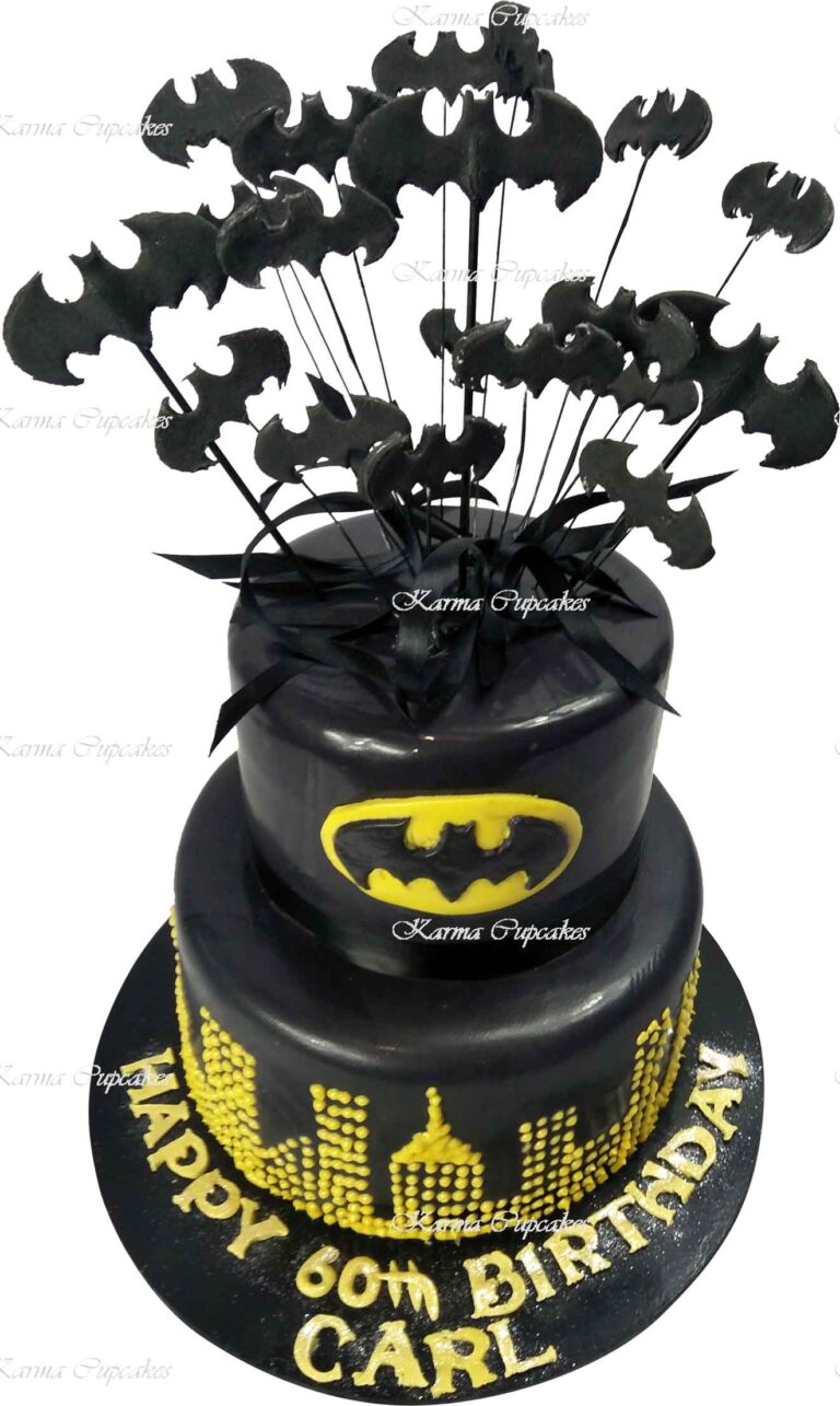 Batman Two Tiered Cake with Edible Bats - Karma Cupcakes